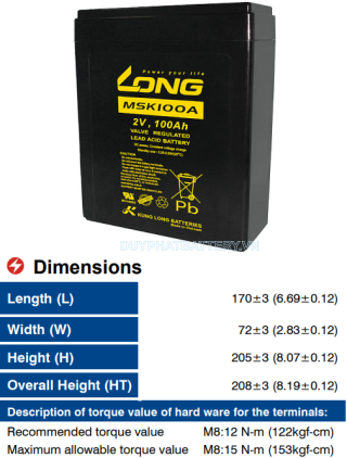 Bình ắc quy LONG MSK100A, F18-M8 2V 100AH