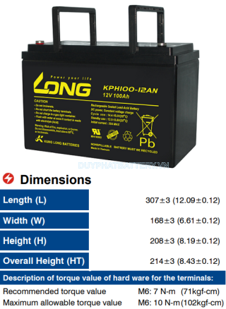 Bình ắc quy LONG KPH100-12AN, F8-M6 12V 100AH
