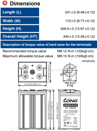Bình ắc quy LONG MSK500, F18-M8 2V 500AH