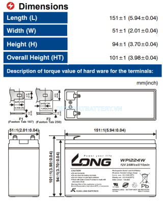 Bình ắc quy LONG 12V-6AH, LONG WP1224W, F2