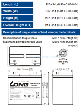 Bình ắc quy LONG WP55-12N, F8-M6 12V 55AH